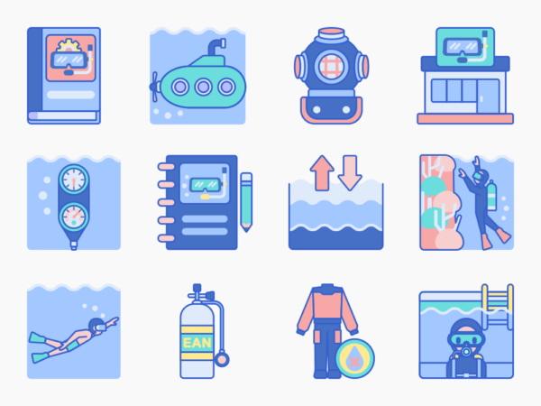 90 Scuba Diving Icon Set - Flat Icons