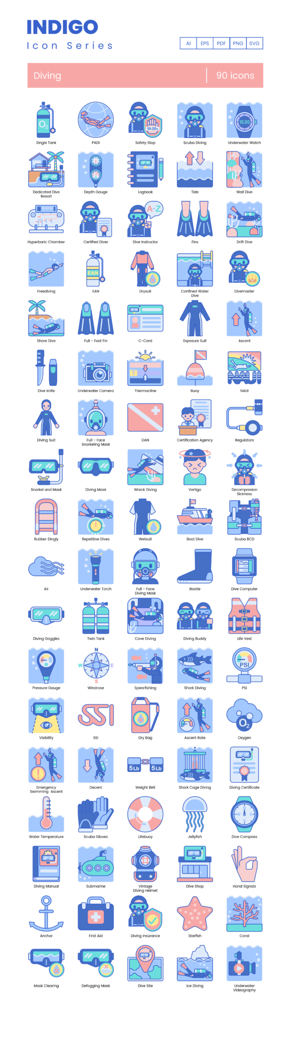 90 Scuba Diving Icon Set - Flat Icons
