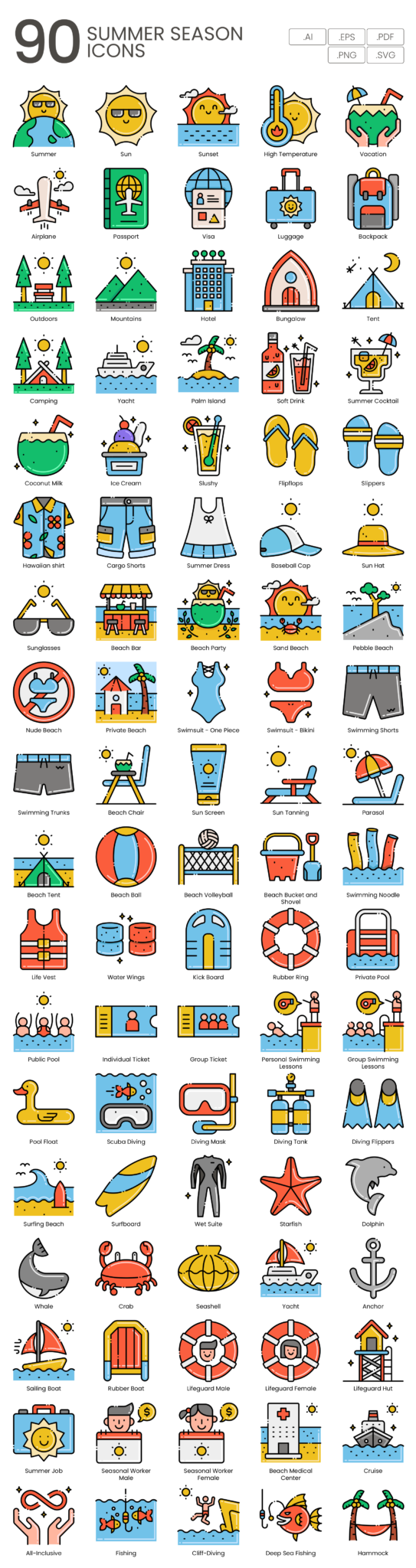 90 Summer Vector Icon Set - Flat Icons