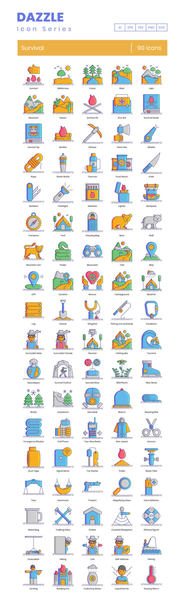 90 Survival Icon Set - Flat Icons