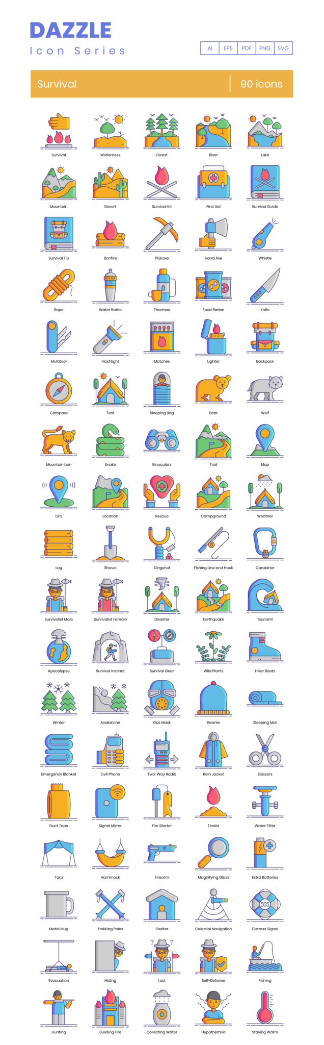 90 Survival Icon Set - Flat Icons