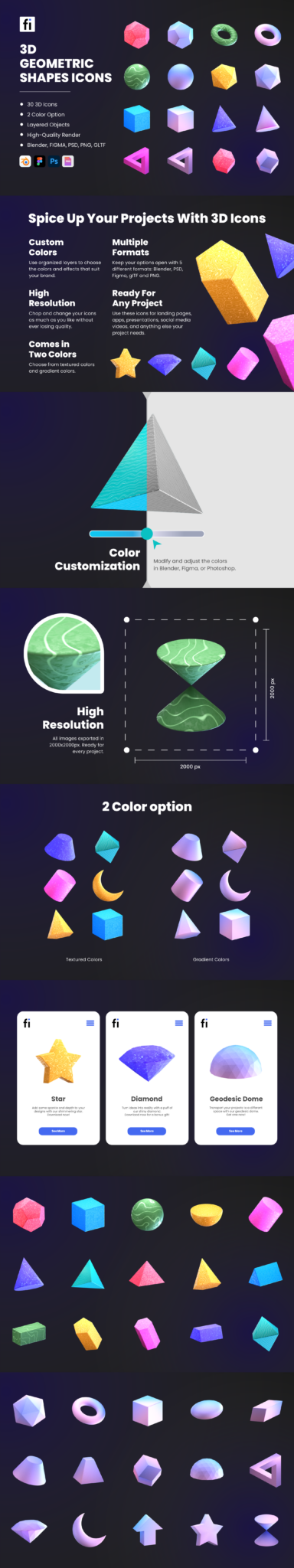 3D Geometric Shapes Icon Set - Flat Icons