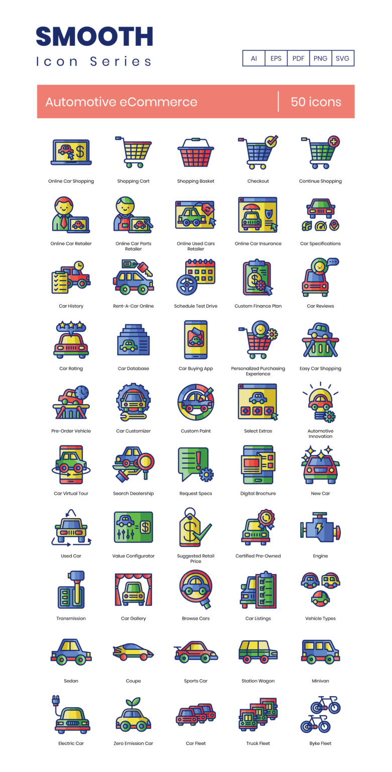 50 Automotive eCommerce Icon Set - Flat Icons