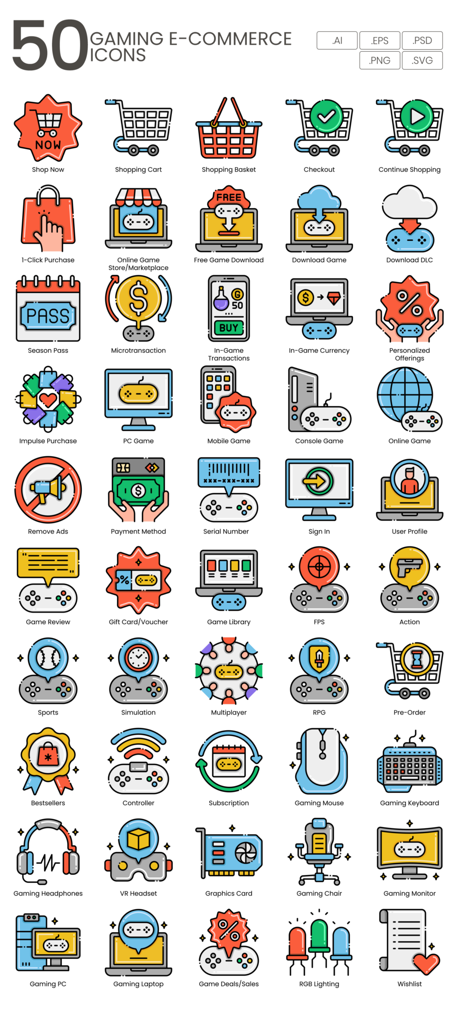 50 Gaming Marketplace Icon Set - Flat Icons