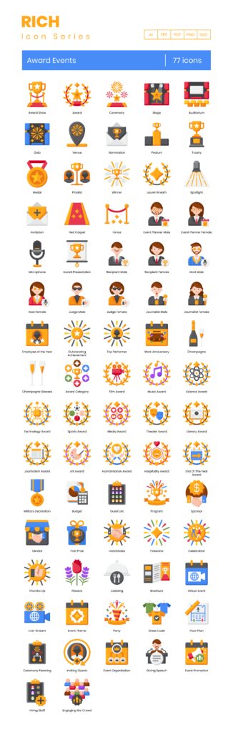 77 Award Events Icon Set - Flat Icons