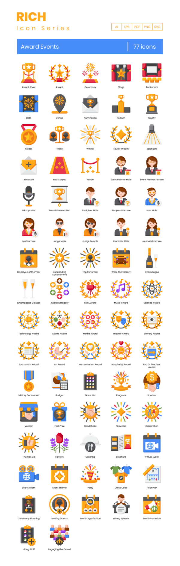 77 Award Events Icon Set - Flat Icons