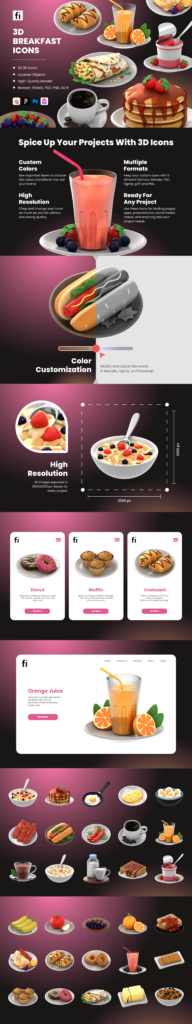 3D Breakfast Icon Set - Flat Icons