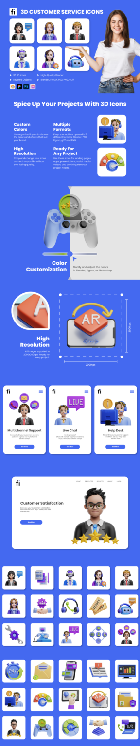 3D Customer Service Icon Set - Flat Icons