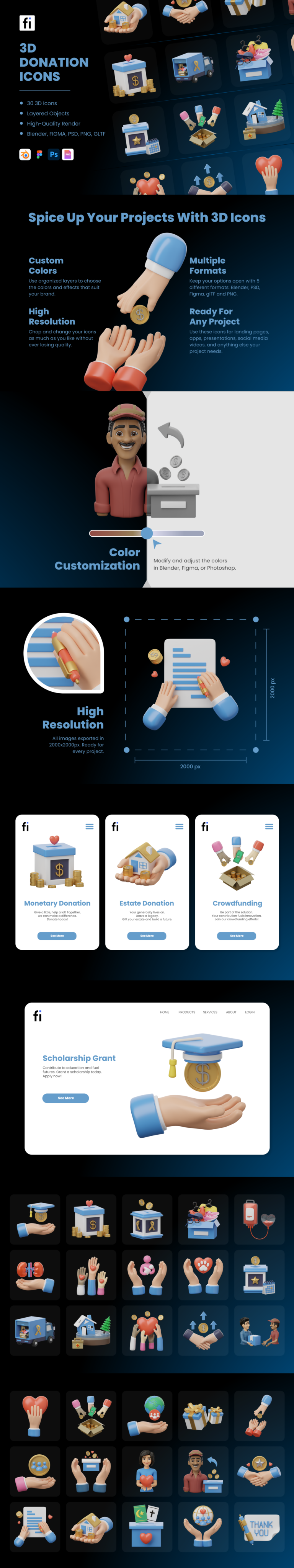 3D Donation Icon Set - Flat Icons