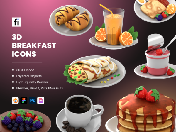 3D Breakfast Icon Set - Flat Icons