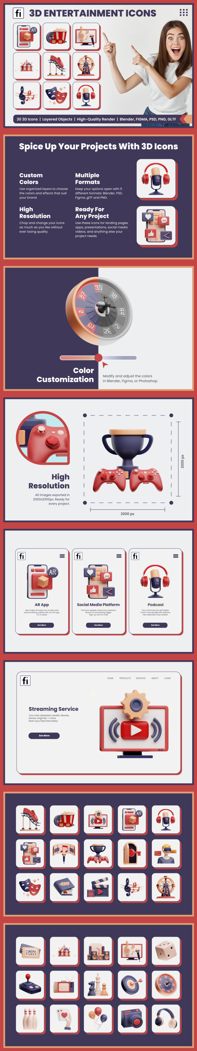 3D Entertainment Icon Set - Flat Icons