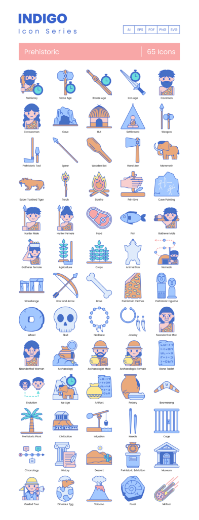 65 Prehistoric Icon Set - Flat Icons