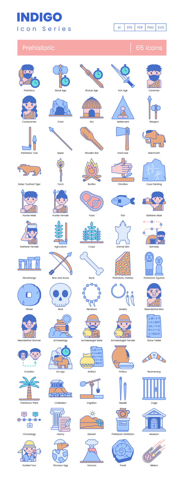 65 Prehistoric Icon Set - Flat Icons