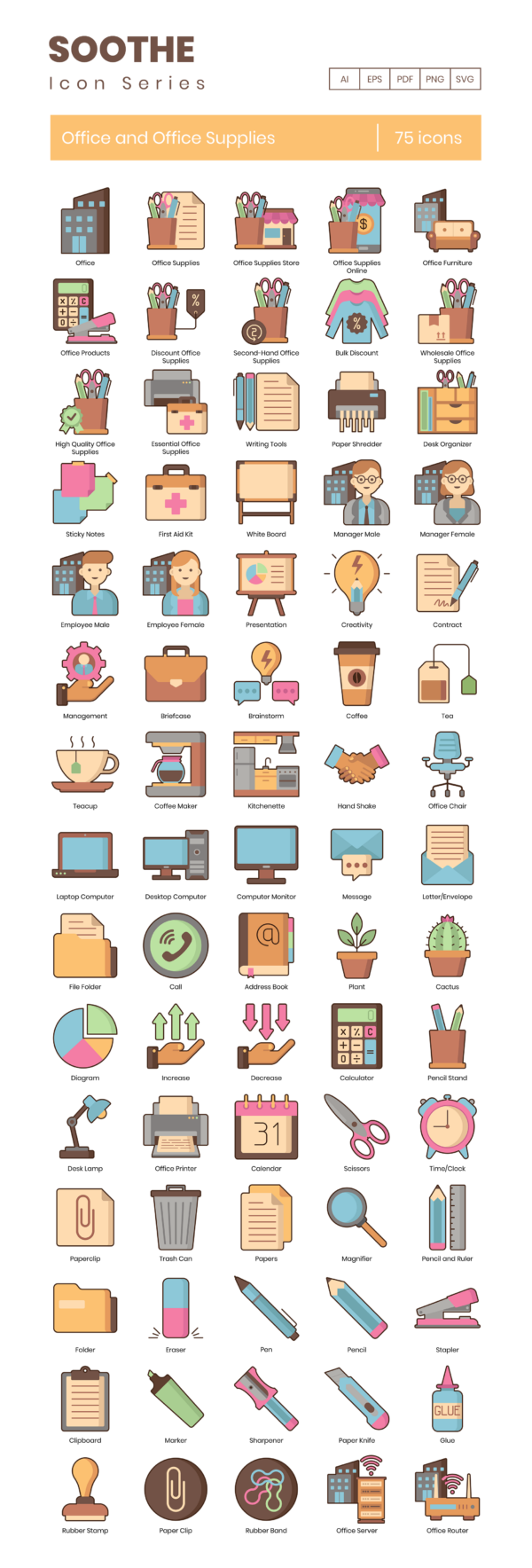 75 Office Essentials Icon Set - Flat Icons
