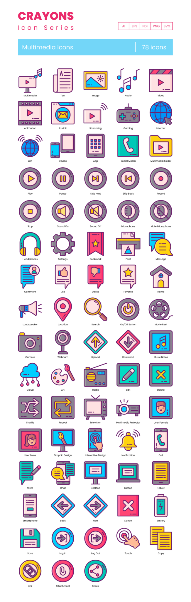 78 Digital Multimedia Icon Set - Flat Icons