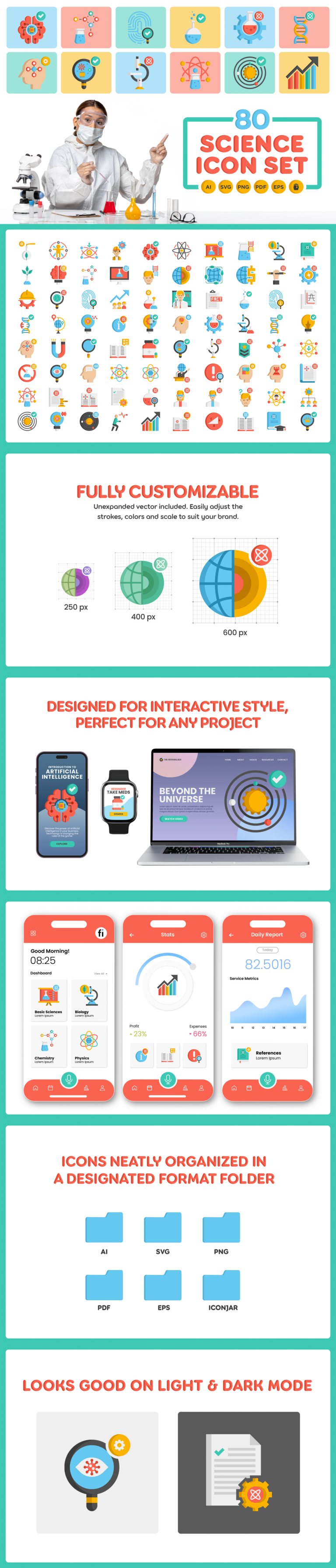 80 Research Icon Set - Flat Icons