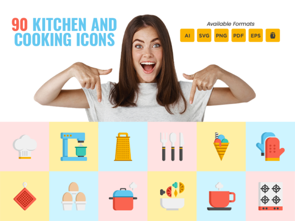 90 Food Preparation Icon Set - Flat Icons