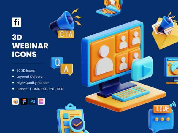 3D Webinar Icon Set - Flat Icons