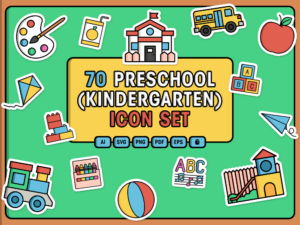 70 Preschool Icon Set - Flat Icons