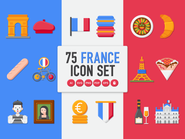 75 France and French Culture Icon Set - Flat Icons