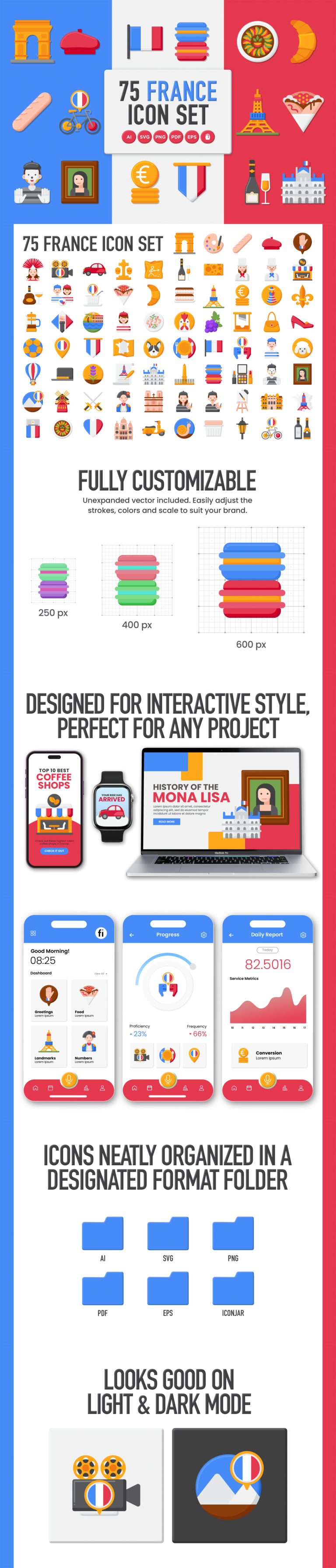 75 France and French Culture Icon Set - Flat Icons