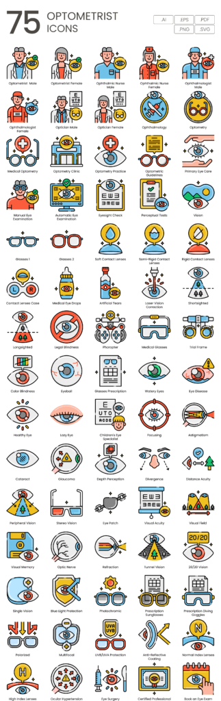 75 Optometrist Icon Set - Flat Icons