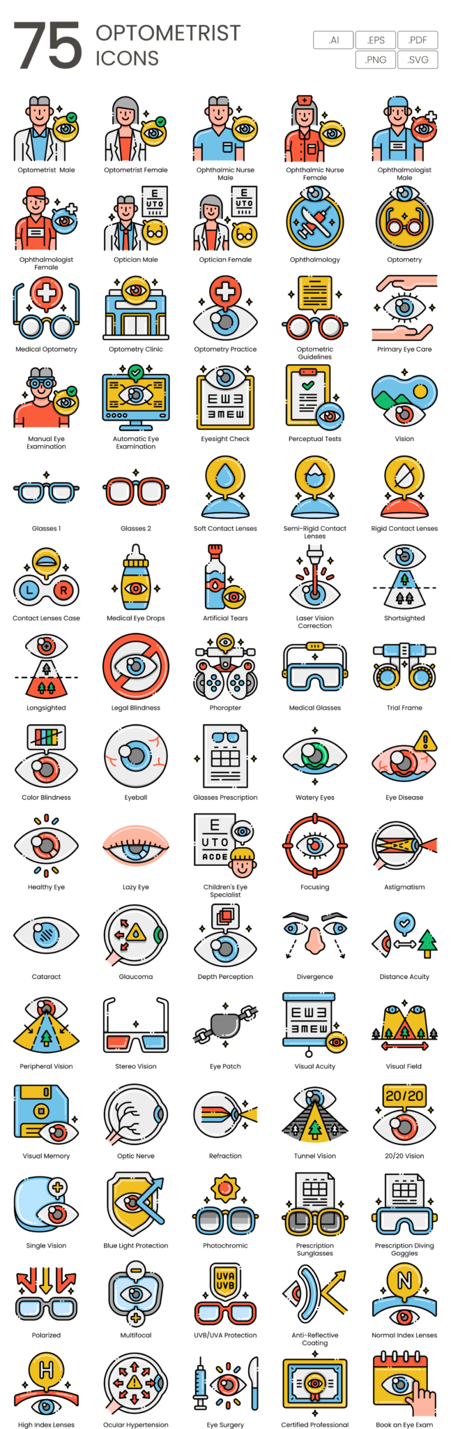 75 Optometrist Icon Set - Flat Icons