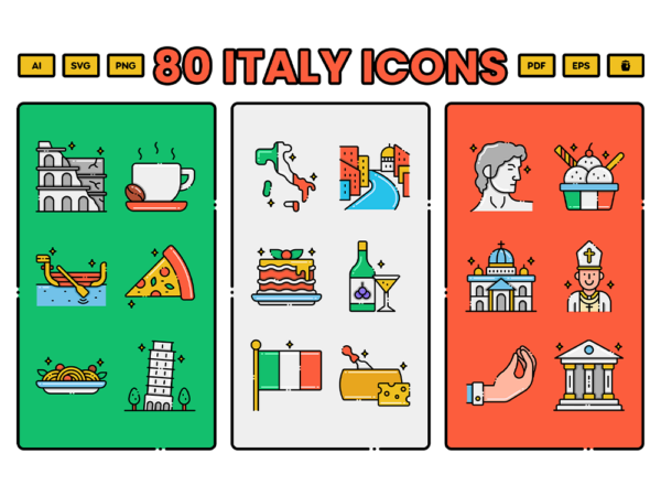80 Italy and Italian Culture Icon Set - Flat Icons