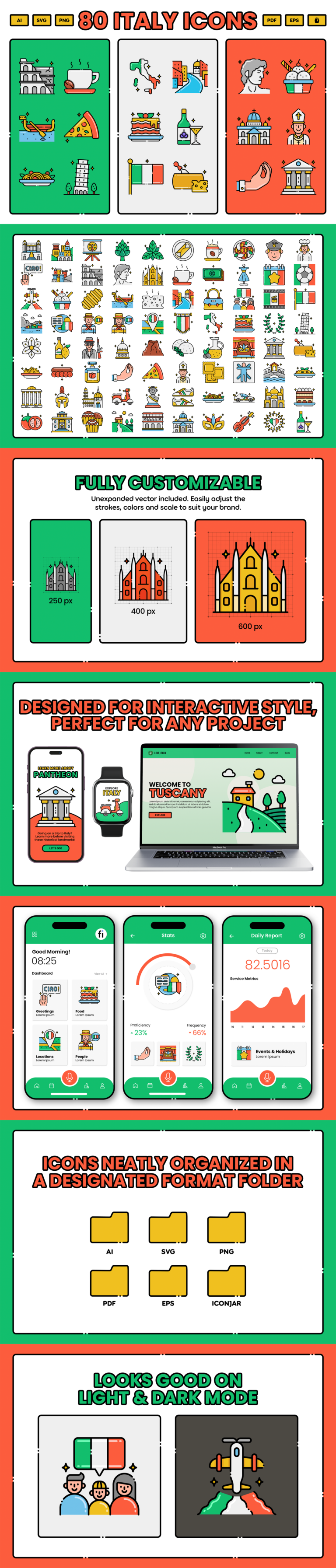 80 Italy and Italian Culture Icon Set - Flat Icons