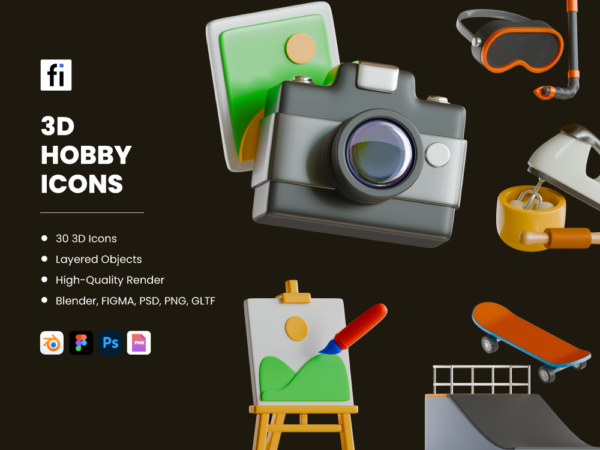 3D Hobby Icon Set - Flat Icons