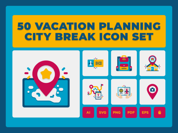 50 City Break Icon Set - Flat Icons