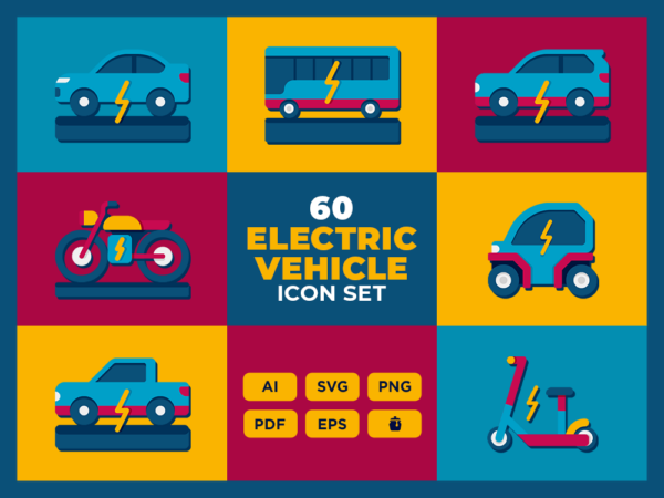 60 EV (Electric Vehicle) Icon Set - Flat Icons