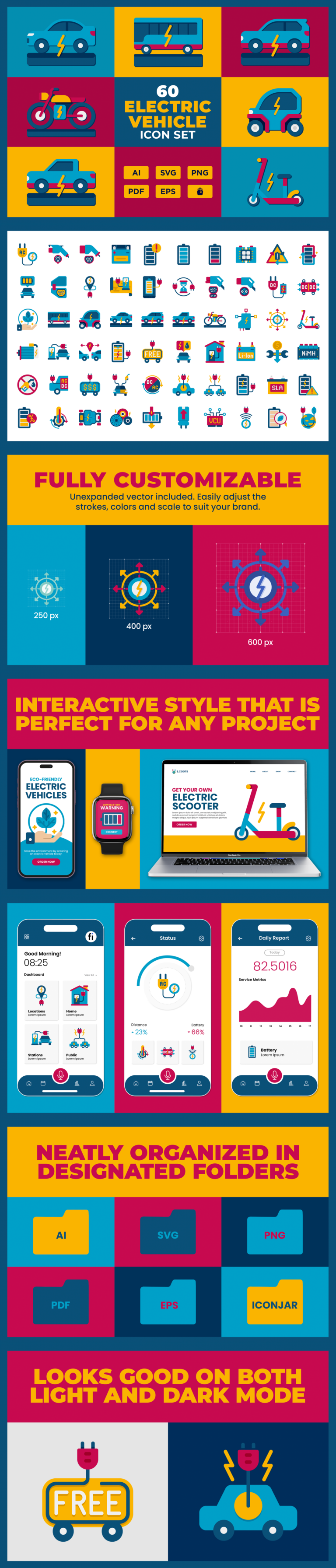 60 EV (Electric Vehicle) Icon Set - Flat Icons