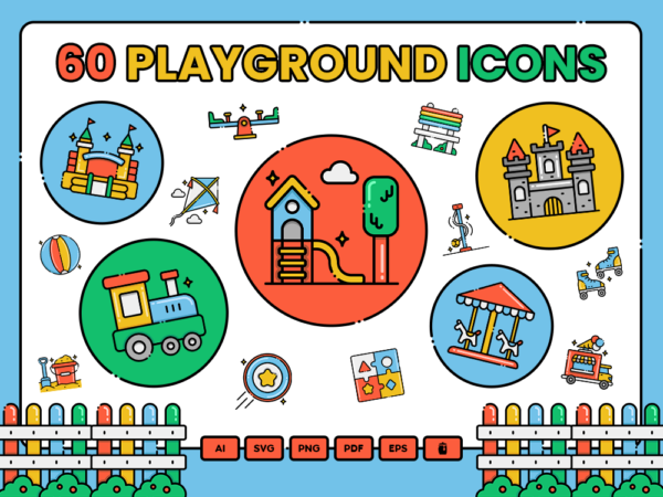 60 Play Area Icon Set - Flat Icons