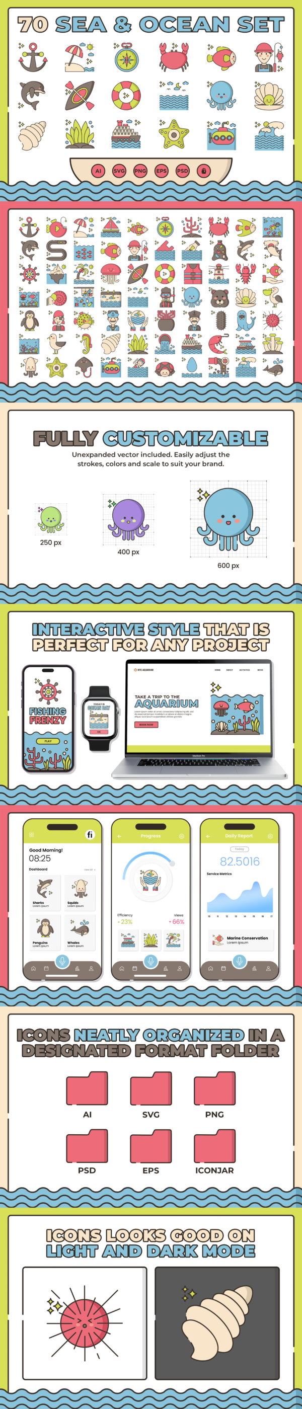 70 Aquatic Life Icon Set - Flat Icons