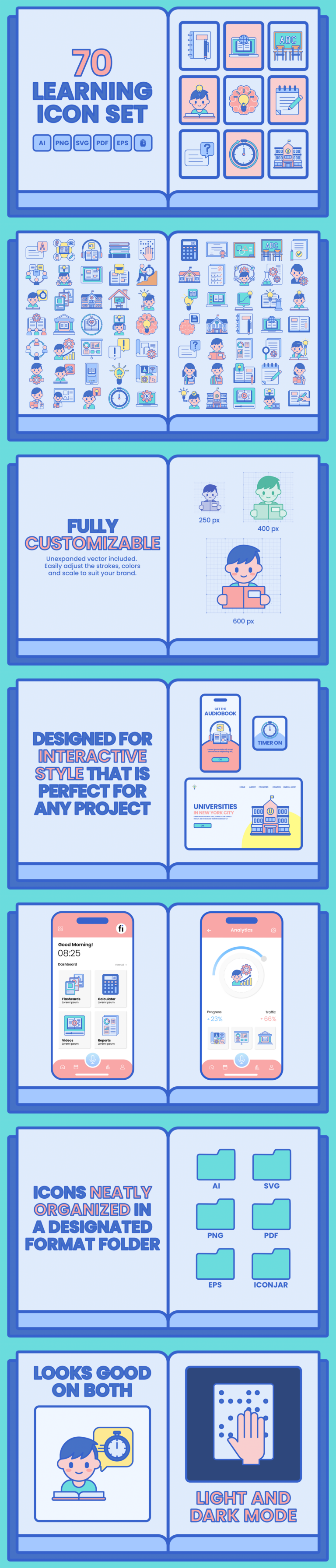 70 Study Icon Set - Flat Icons