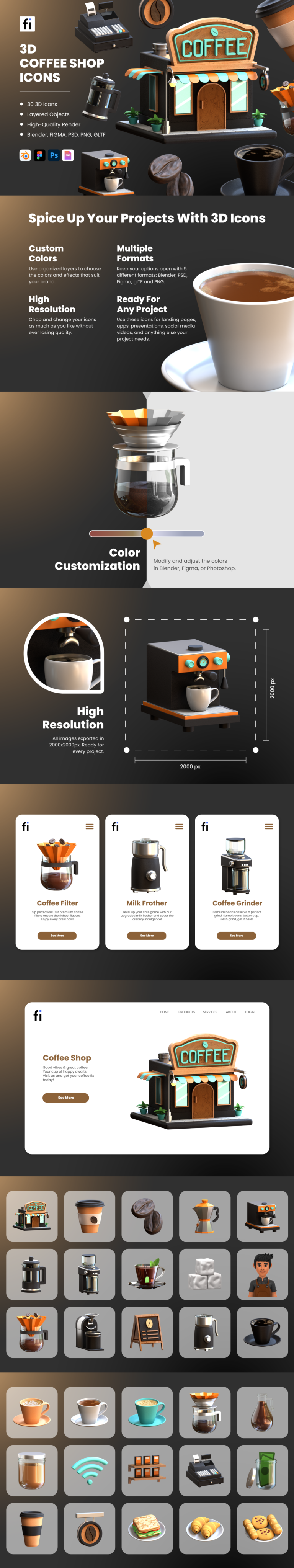 3D Coffee Shop Icon Set - Flat Icons