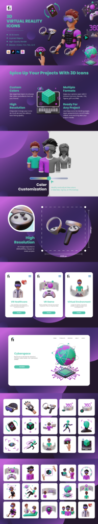 3D Virtual Reality Icon Set - Flat Icons