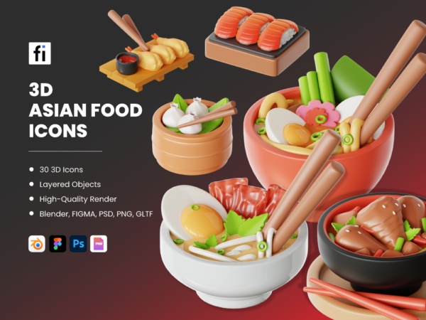 3D Asian Food Icon Set - Flat Icons