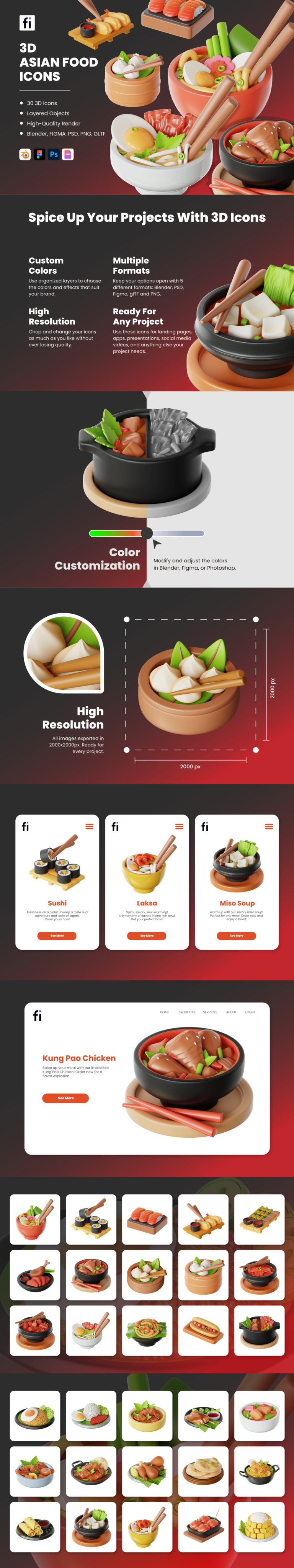 3D Asian Food Icon Set - Flat Icons