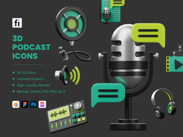 3D Podcast Icon Set - Flat Icons