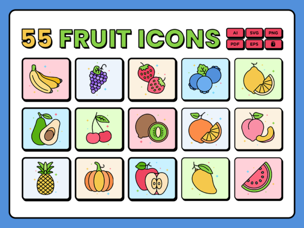 55 Fruit Harvest Icon Set - Flat Icons