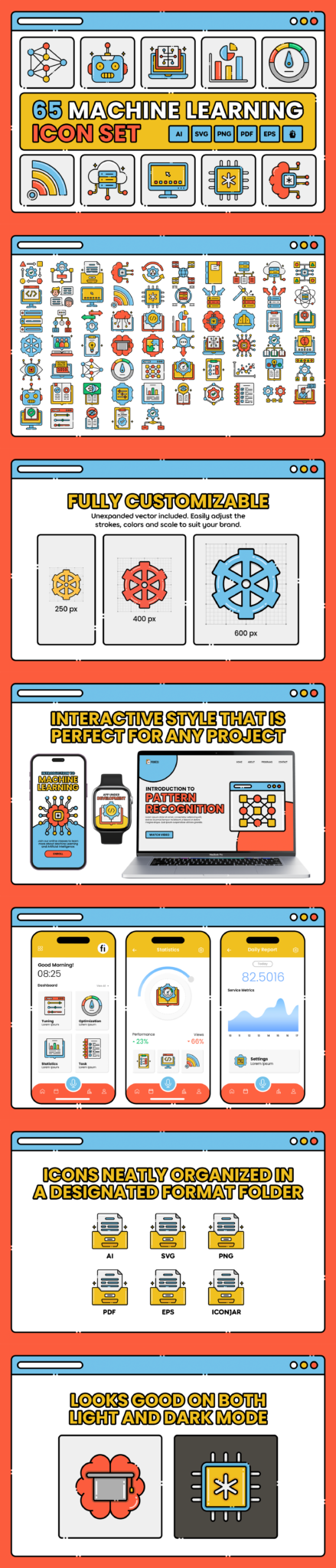 65 Machine Learning Icon Set - Flat Icons