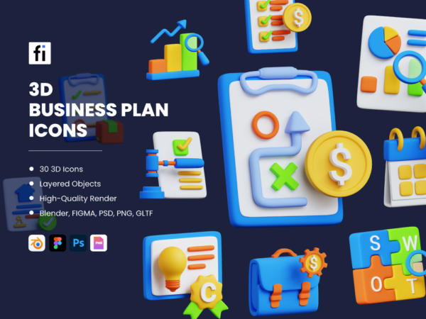 3D Business Plan Icon Set - Flat Icons