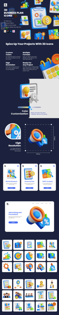3D Business Plan Icon Set - Flat Icons