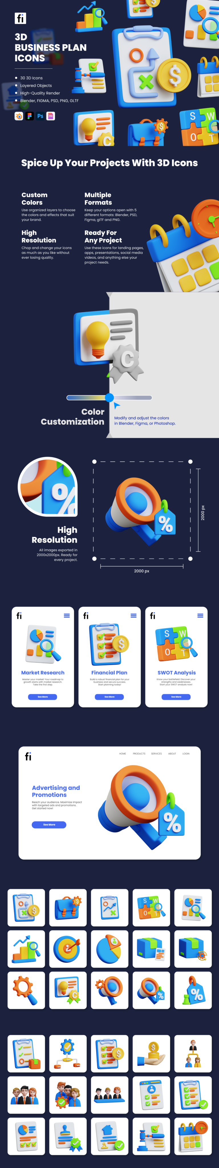 3D Business Plan Icon Set - Flat Icons