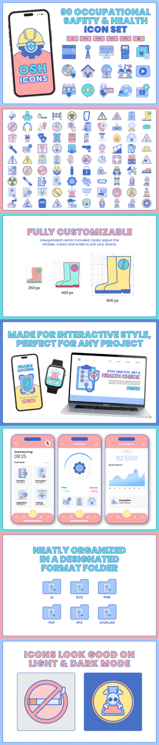 90 Occupational Safety and Health (OSH) Icon Set - Flat Icons