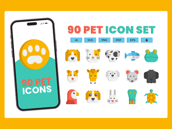 90 Pet Friends Icon Set - Flat Icons