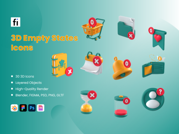 3D Empty States Icon Set - Flat Icons