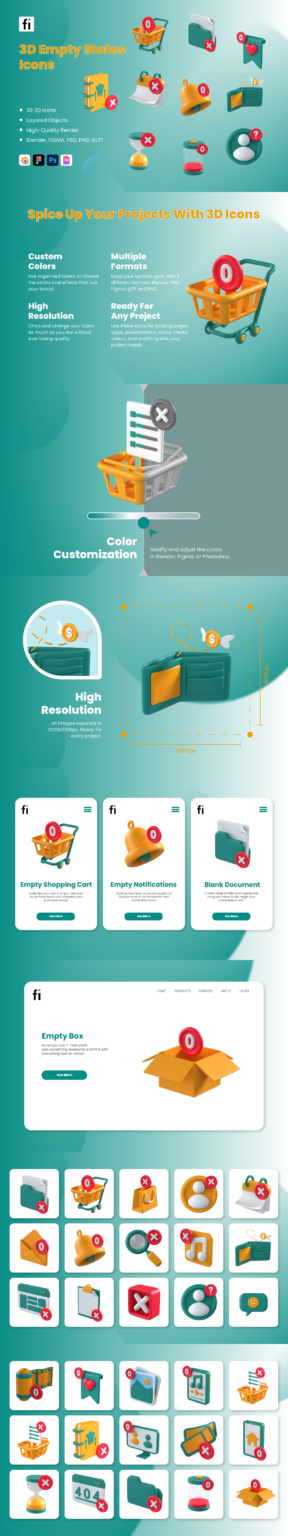 3D Empty States Icon Set - Flat Icons